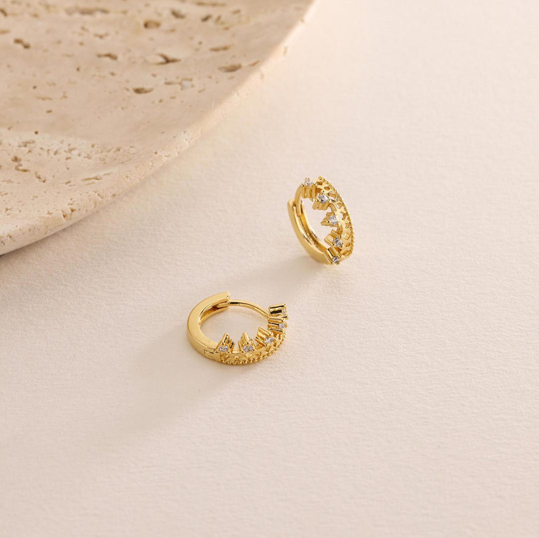 18K Gold Plated Tiny Crown Pave Huggie Hoops, Tiara Huggie Earrings ...