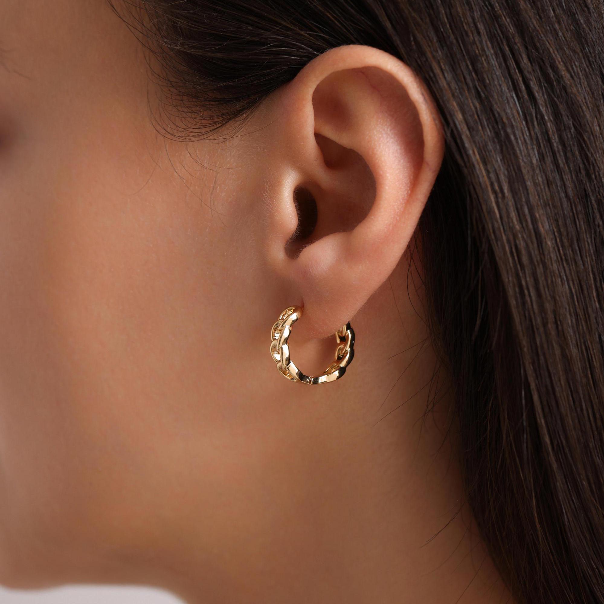 18K Gold Plated Chain Link Huggie Hoops, Gold Link Earrings, Chunky ...