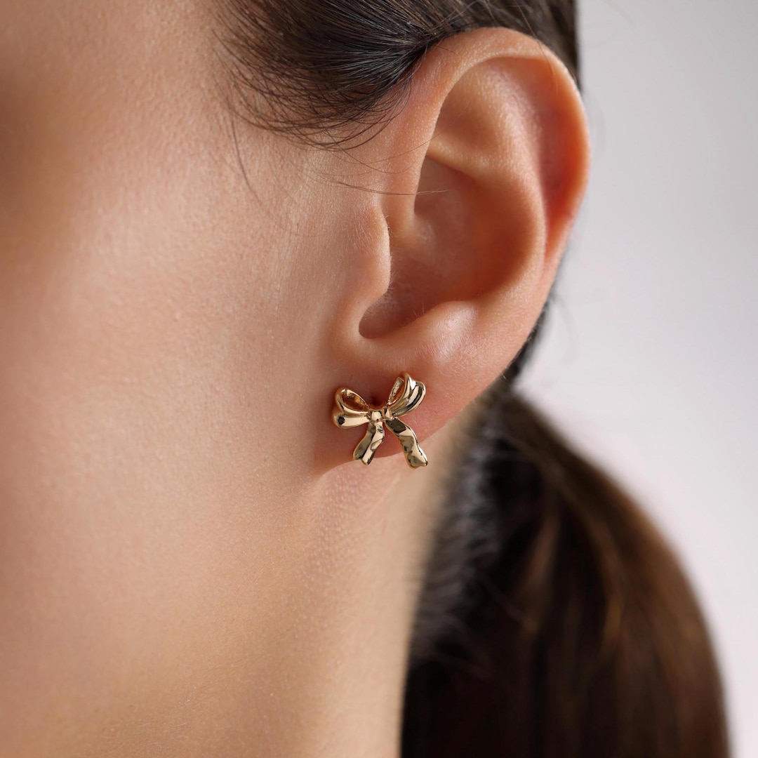 18K Gold Plated Tiny Bow Stud Earrings, Bow Tie Earrings, Bowknot Earrings, Ribbon Bow Earrings ...