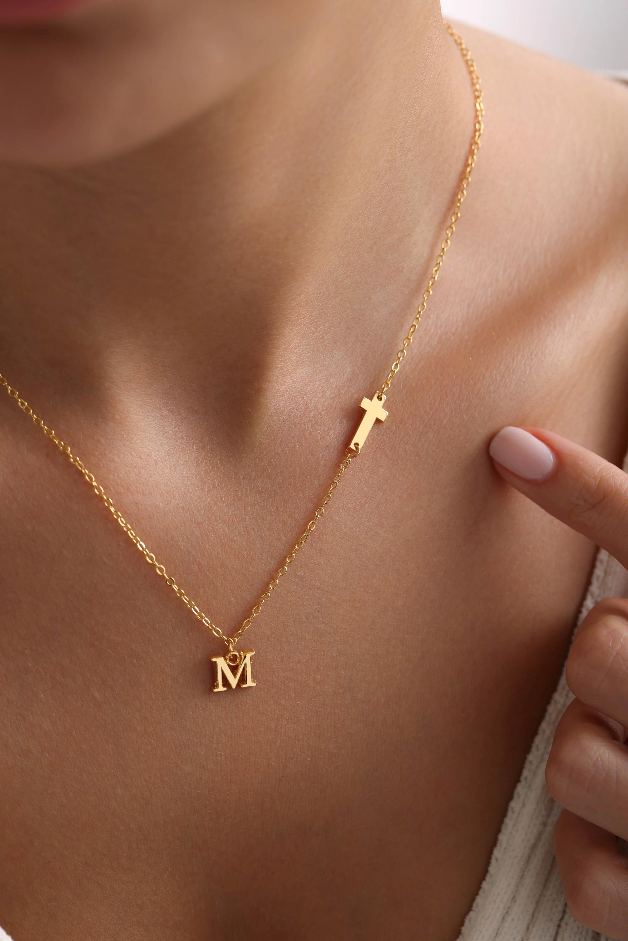 Sideways Tiny Cross With Initial Necklace, Personalized Necklace ...