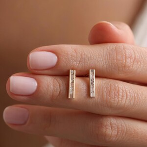 18K Gold Plated Tiny Pave Bar Stud Earrings, Baguette Bar Line Earrings, Minimalist Earrings for ...