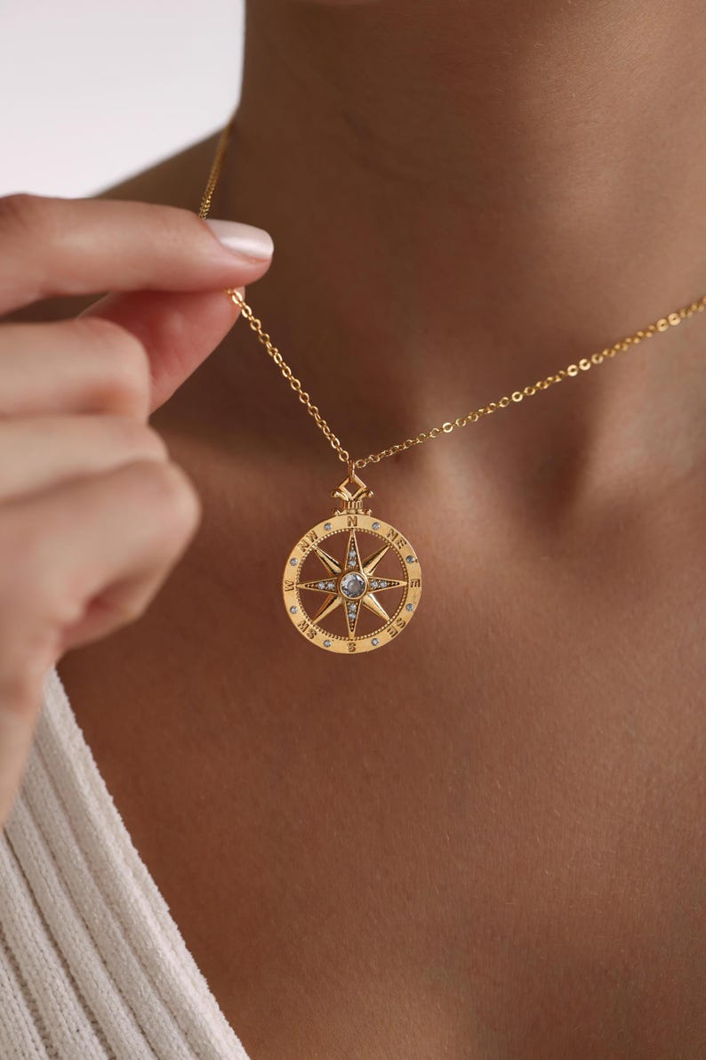 Gold Plated Coin Compass Pave Necklace, Compass Pendant Necklace, North ...
