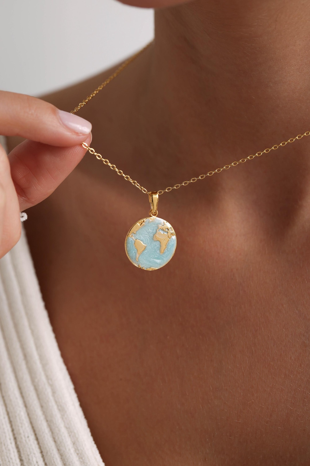 Gold Dainty Enamel World Pendant Necklace, Earth Globe Necklace, Gold ...