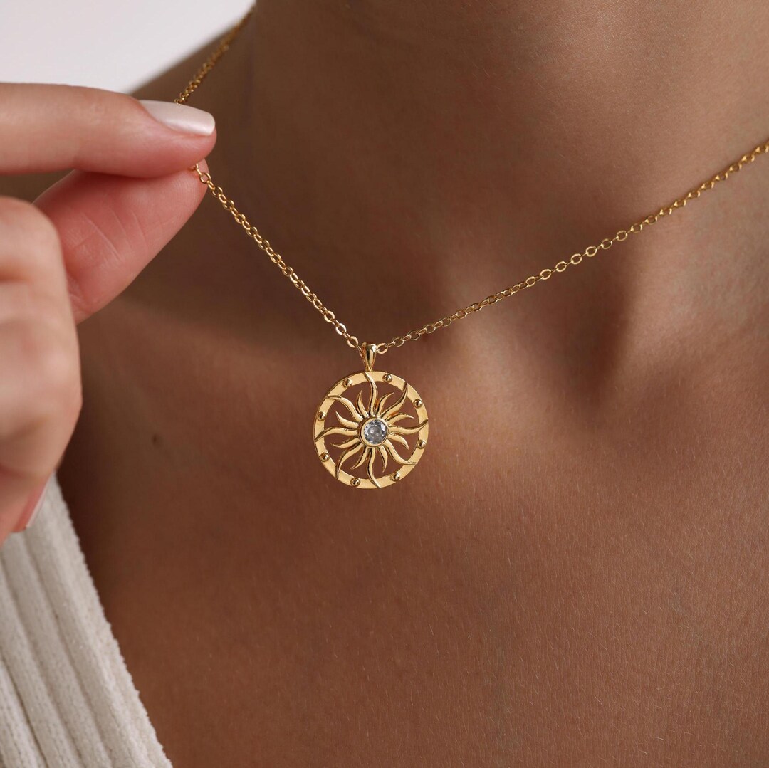 Gold Plated Pave Sun Coin Necklace, Medallion Sun Necklace, Celestial ...