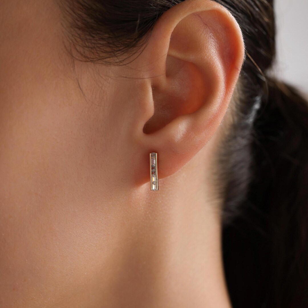 18K Gold Plated Tiny Pave Bar Stud Earrings, Baguette Bar Line Earrings, Minimalist Earrings for ...