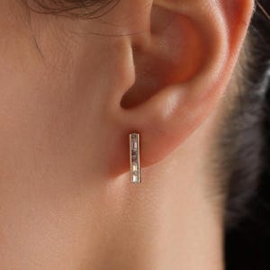 18K Gold Plated Tiny Pave Bar Stud Earrings, Baguette Bar Line Earrings, Minimalist Earrings for ...