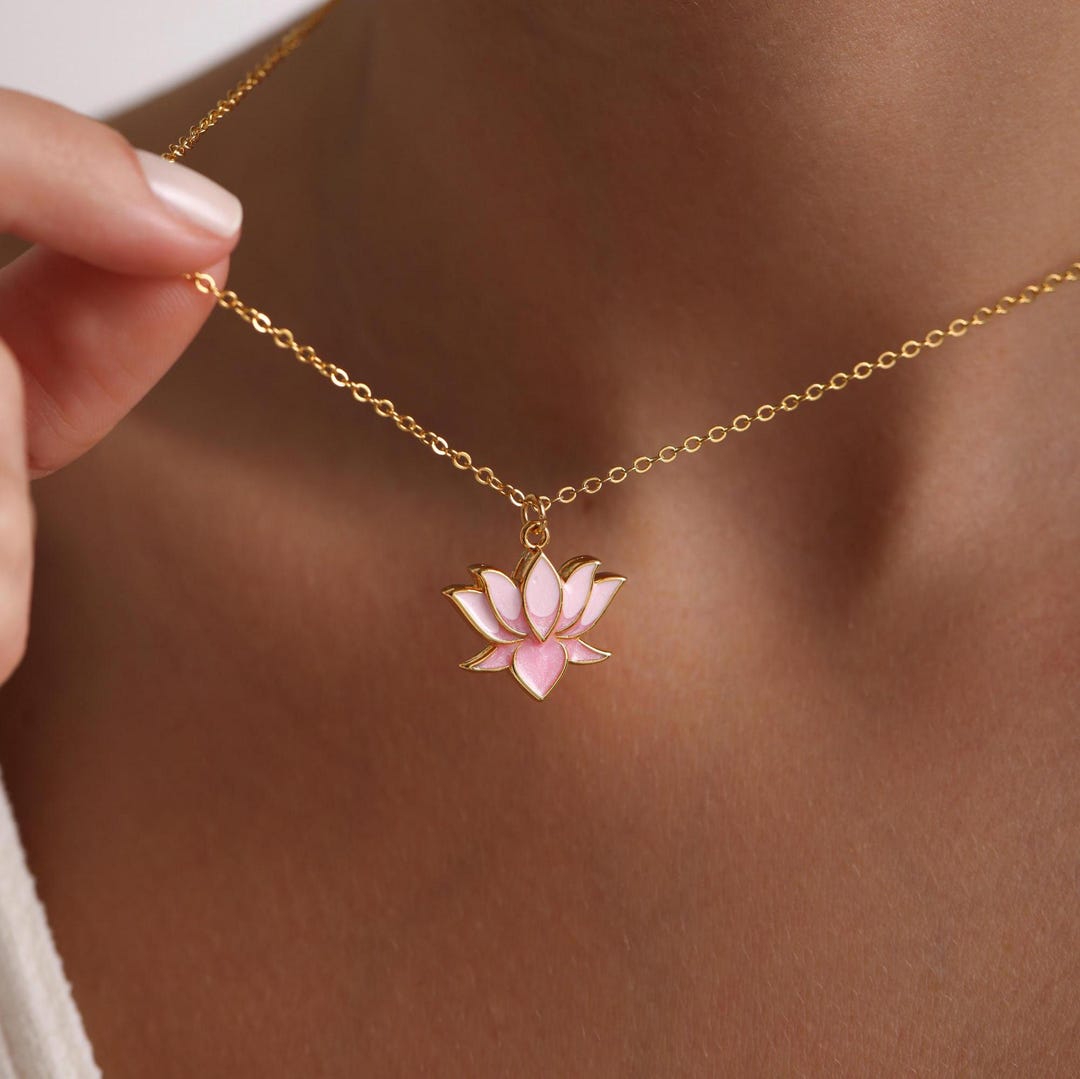 Gold Plated Enamel Lotus Flower Necklace, Flower of Life Necklace, Gold ...