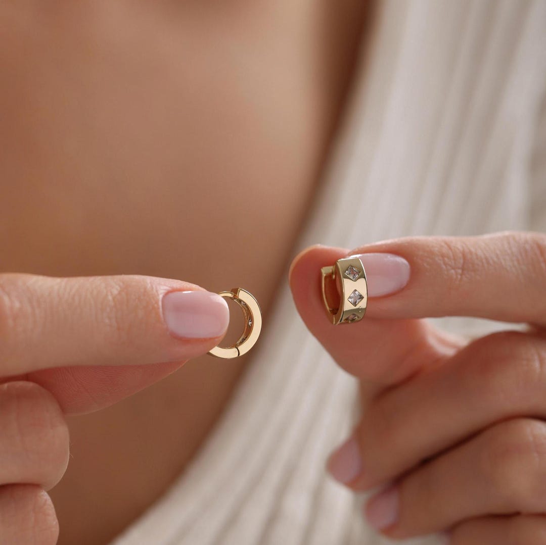 18K Gold Plated Dainty Pave Huggie Hoop Earrings, Gold Square Pave ...