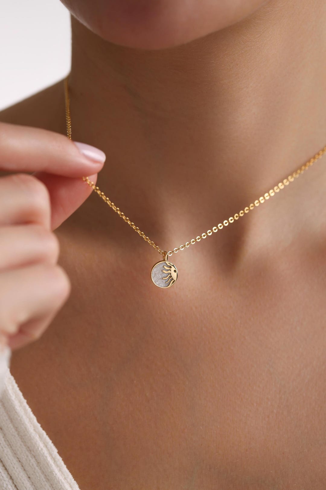Gold Plated Enamel Mini Sun Face Disc Necklace, Minimalist Sun Necklace ...