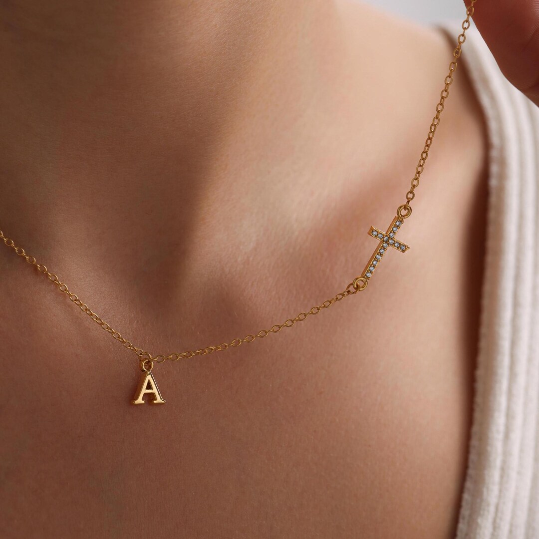 Sideways Pave Cross With Initial Necklace, Cross Letter Necklace ...