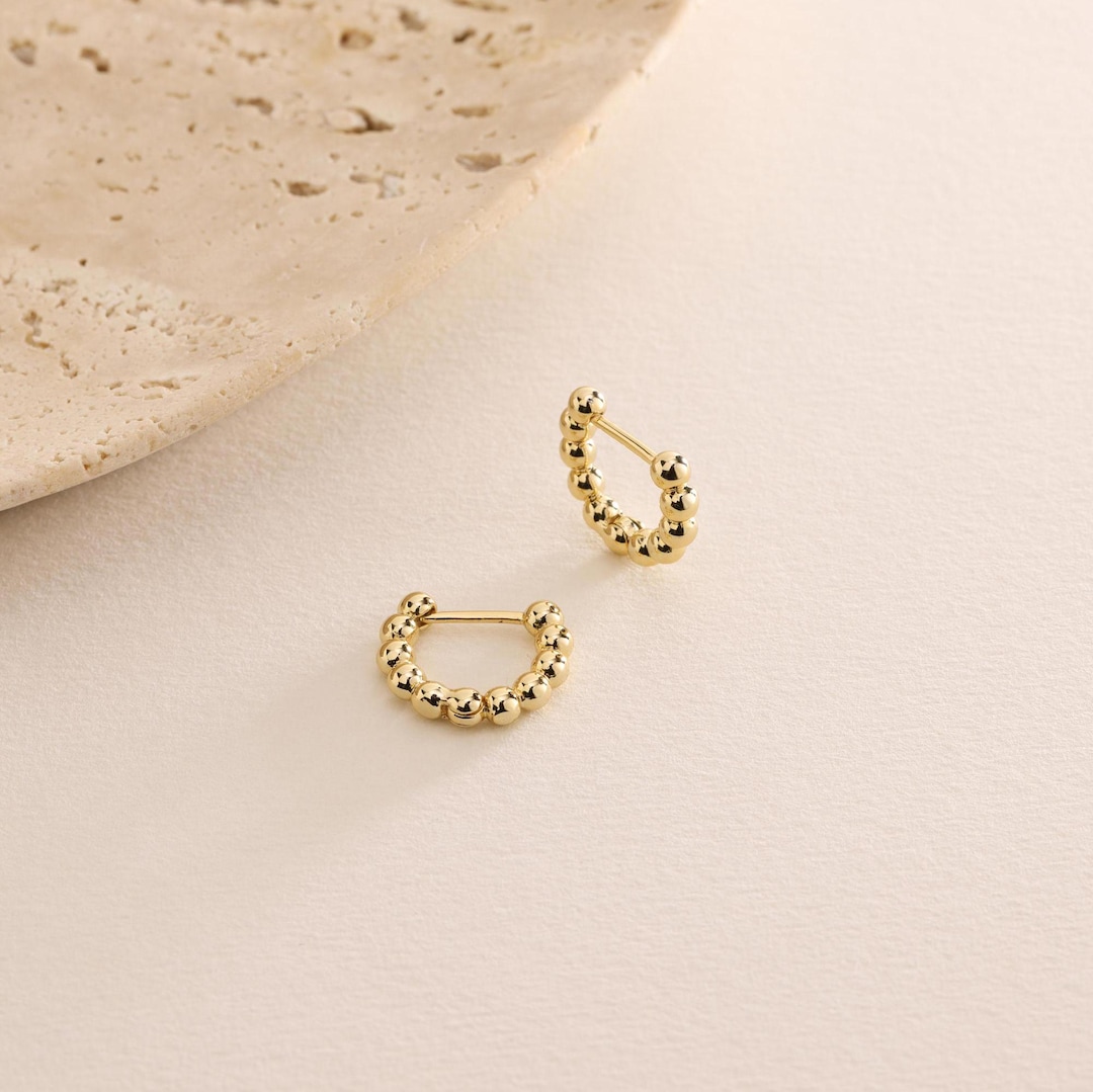 Tiny Beaded Huggie Hoop Earrings, Dainty Hoop Earrings, Tiny Ball Beaded Earrings, Gift for Her ...