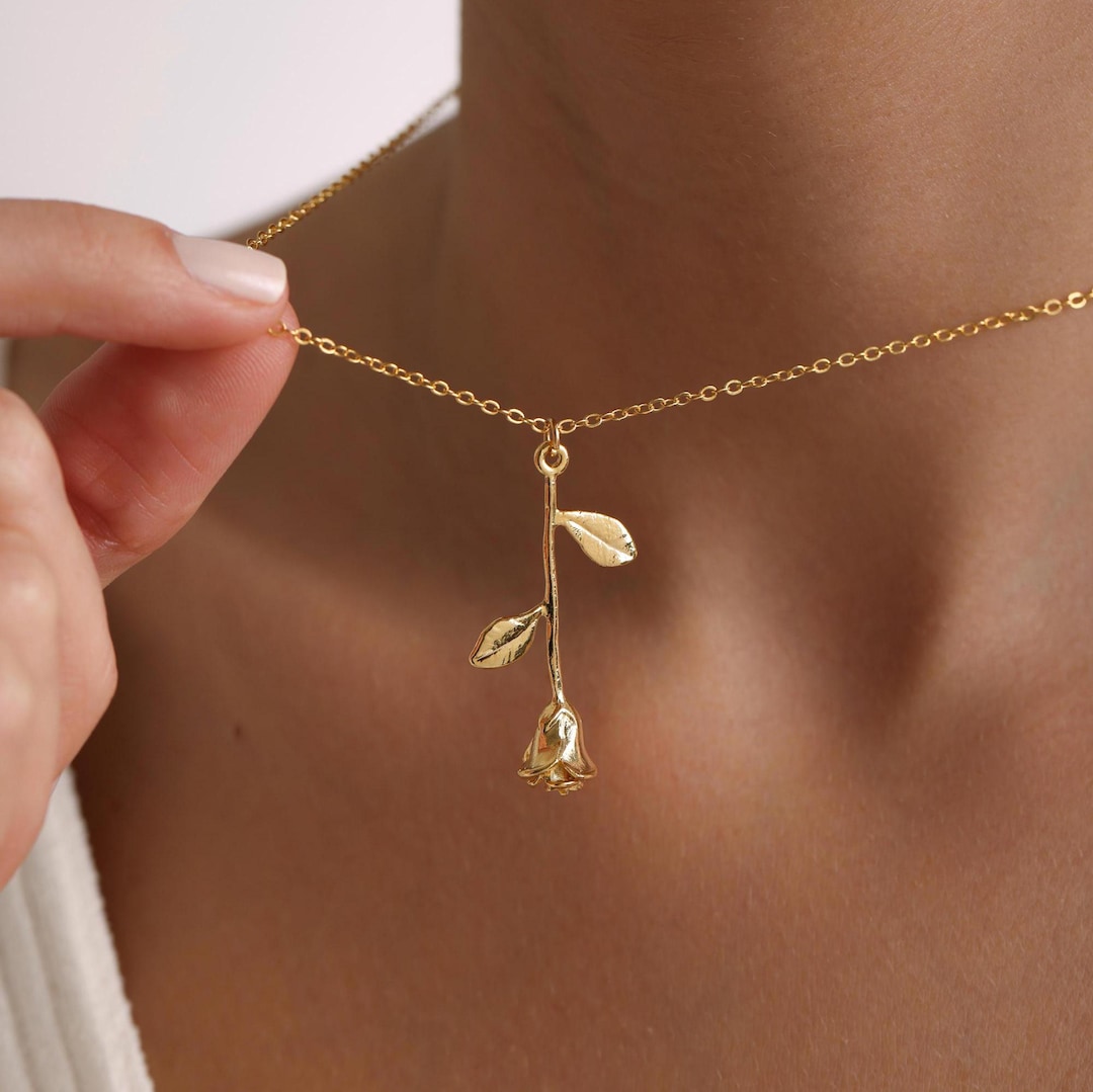 Gold Rose Flower Pendant Necklace, Rose Flower Necklace, Floral ...