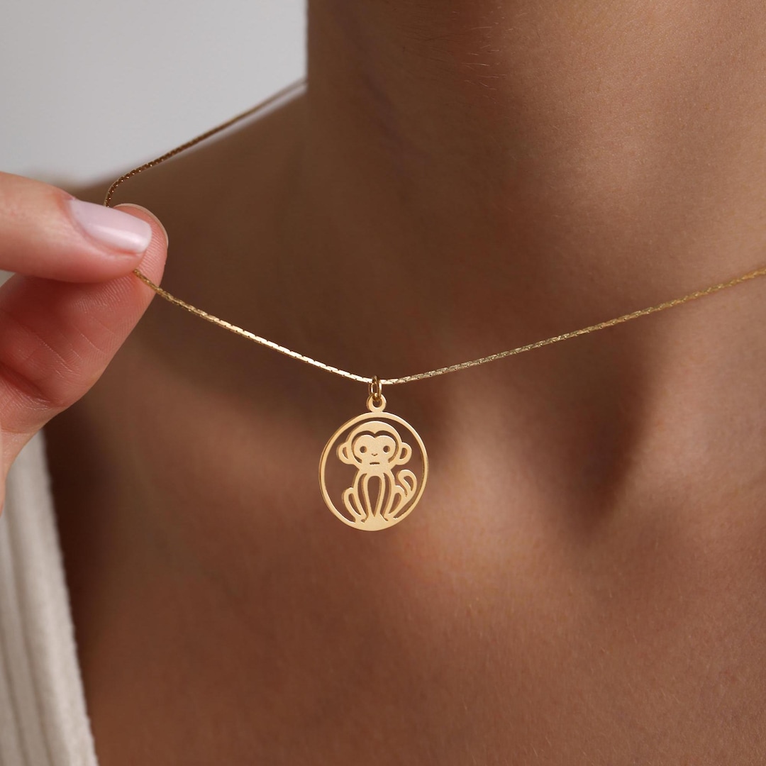 Gold Plated Dainty Monkey Coin Pendant Necklace, Medallion Monkey ...