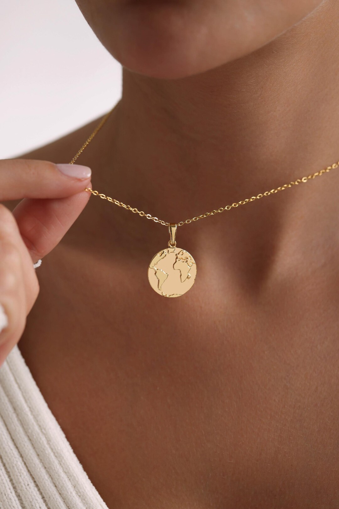 Gold Dainty Coin World Pendant Necklace, Earth Globe Necklace, Gold ...