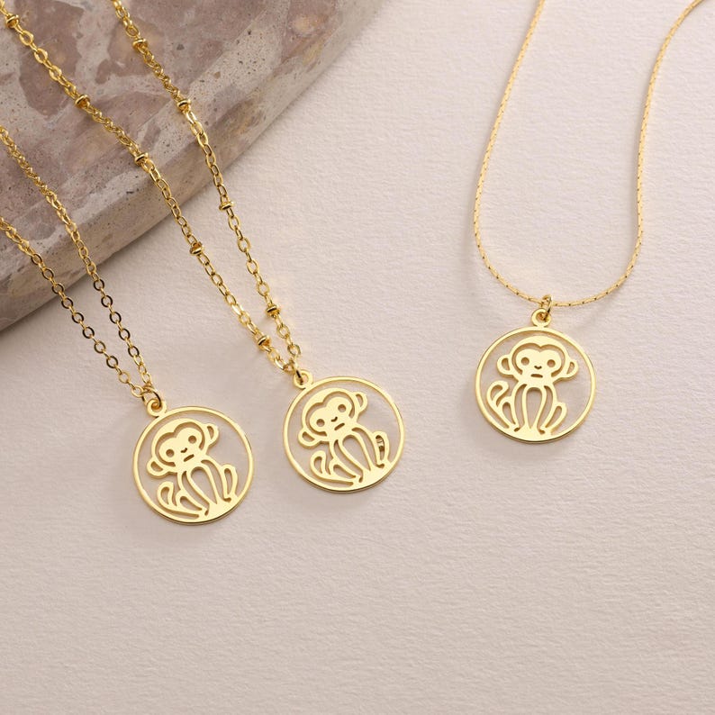 Gold Plated Dainty Monkey Coin Pendant Necklace, Medallion Monkey ...