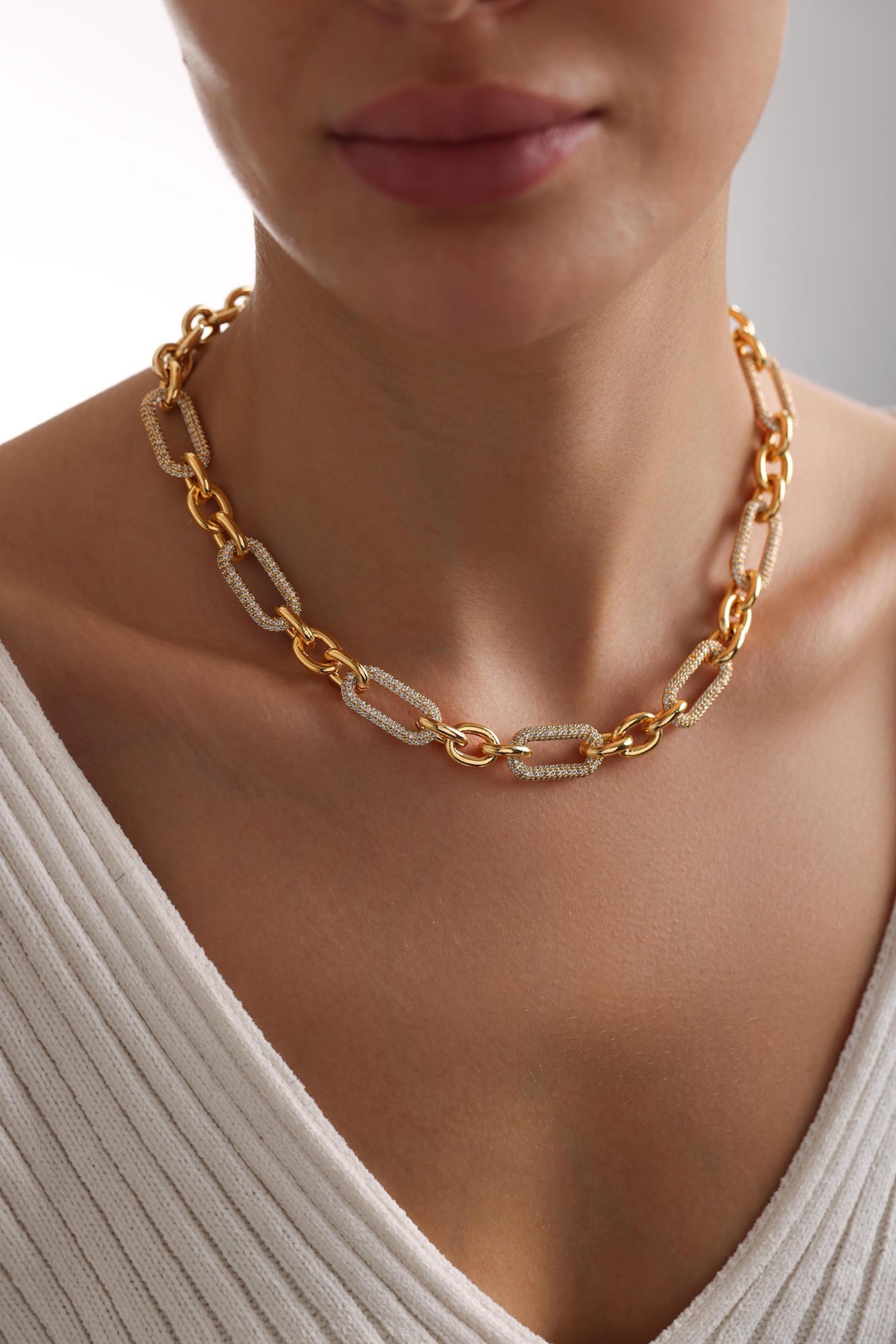 Gold Pave Link Chain Necklace, Handmade Unique Linked Necklace, Pave ...