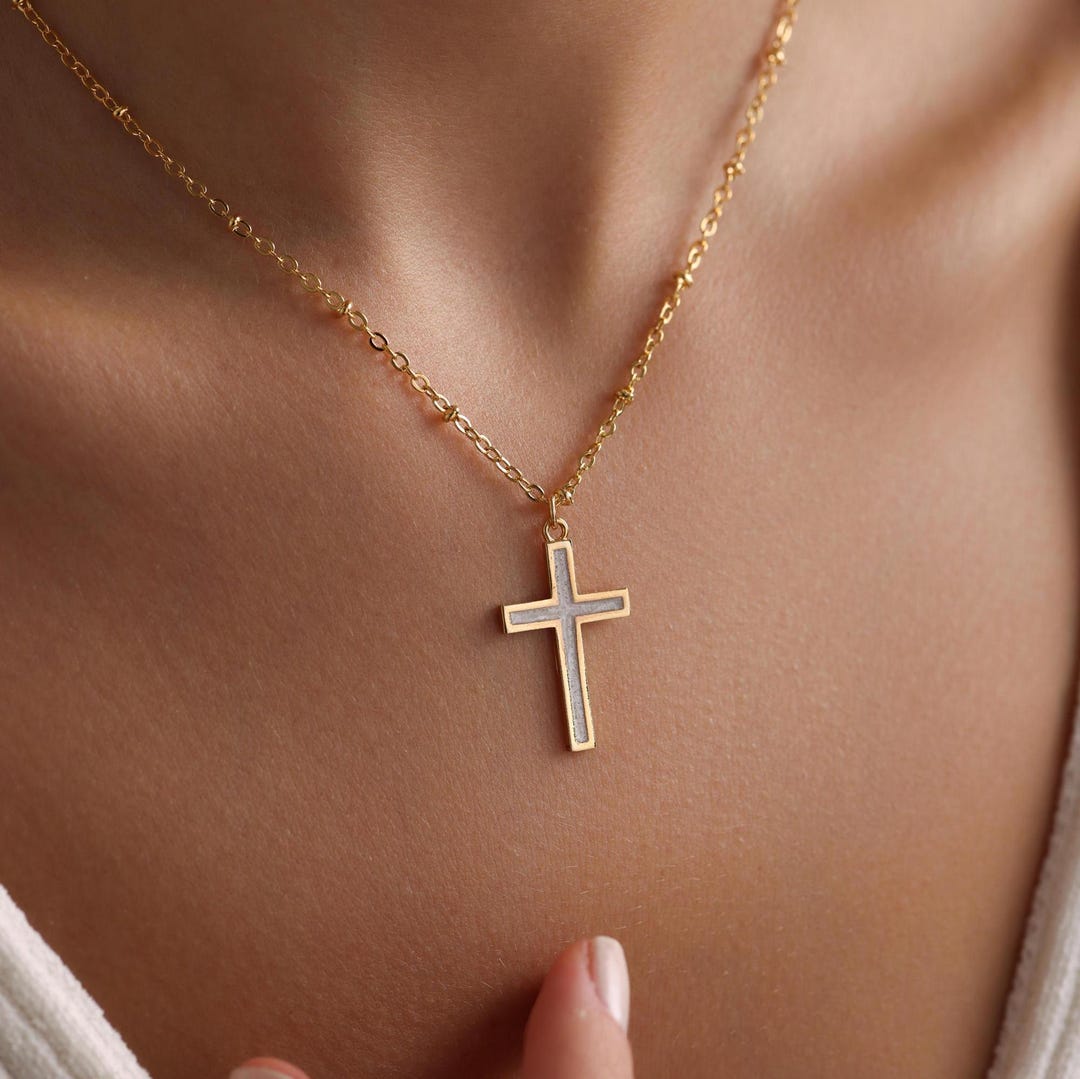 Gold Enamel Cross Necklace, Long Cross Necklace, Religious Necklace ...