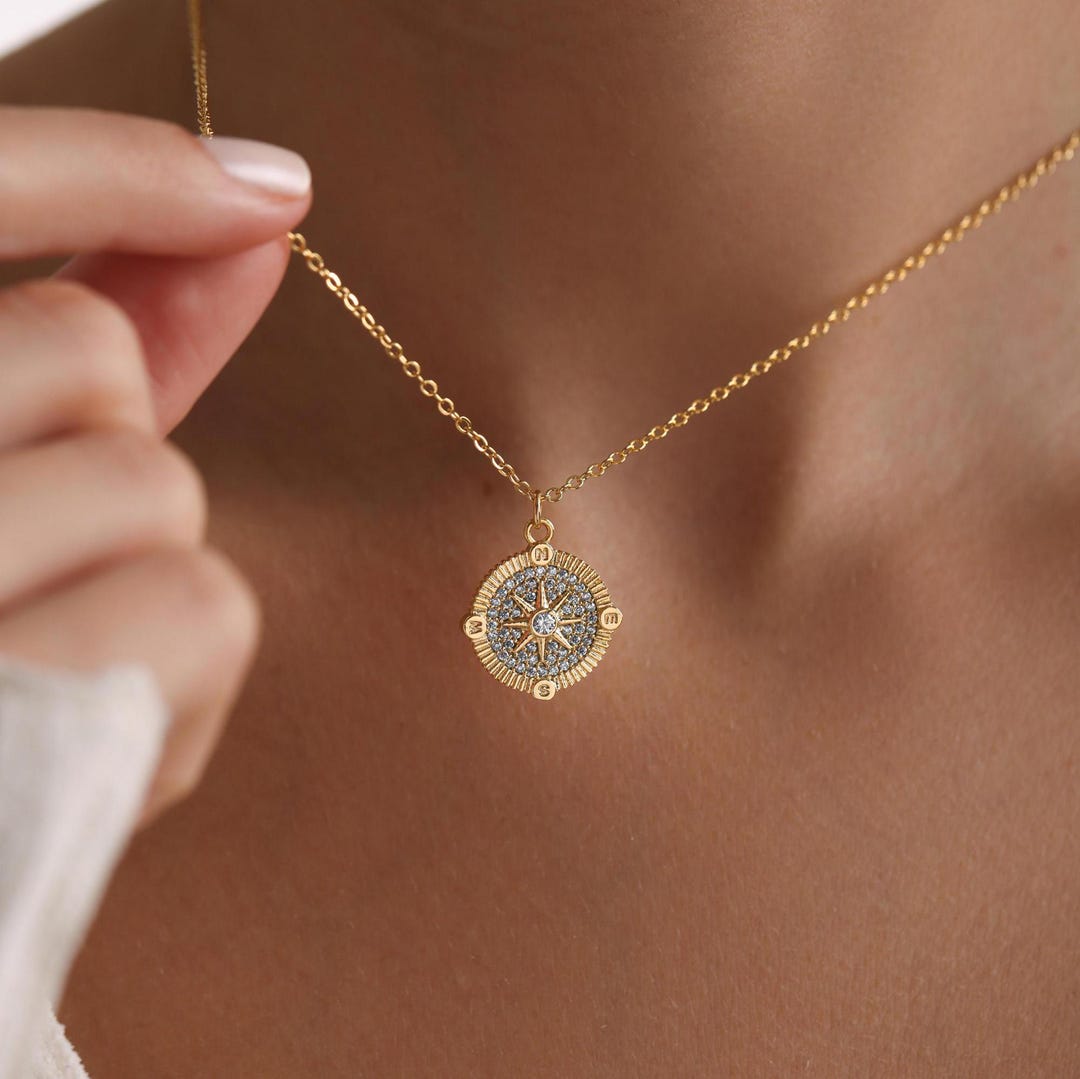 Gold Plated Pave Compass Coin Necklace, North Star Compass Necklace ...