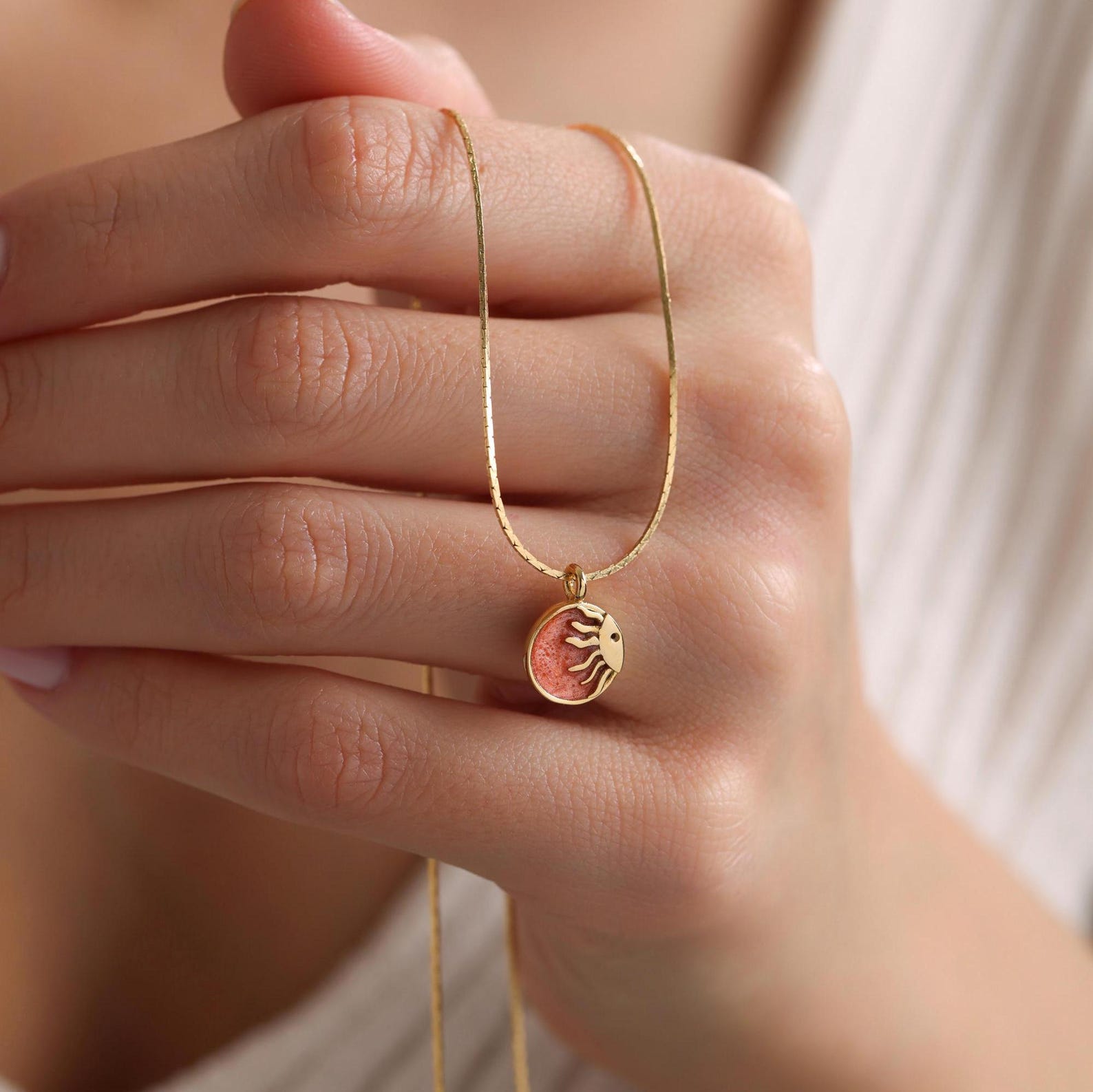 Gold Plated Enamel Mini Sun Face Disc Necklace, Minimalist Sun Necklace ...