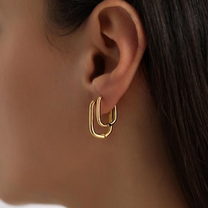 18K Gold Plated Rectangle Hoop Stacking Earrings, Set of 1,2 or 3 Pairs ...