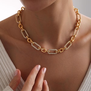 Gold Pave Link Chain Necklace, Handmade Unique Linked Necklace, Pave ...