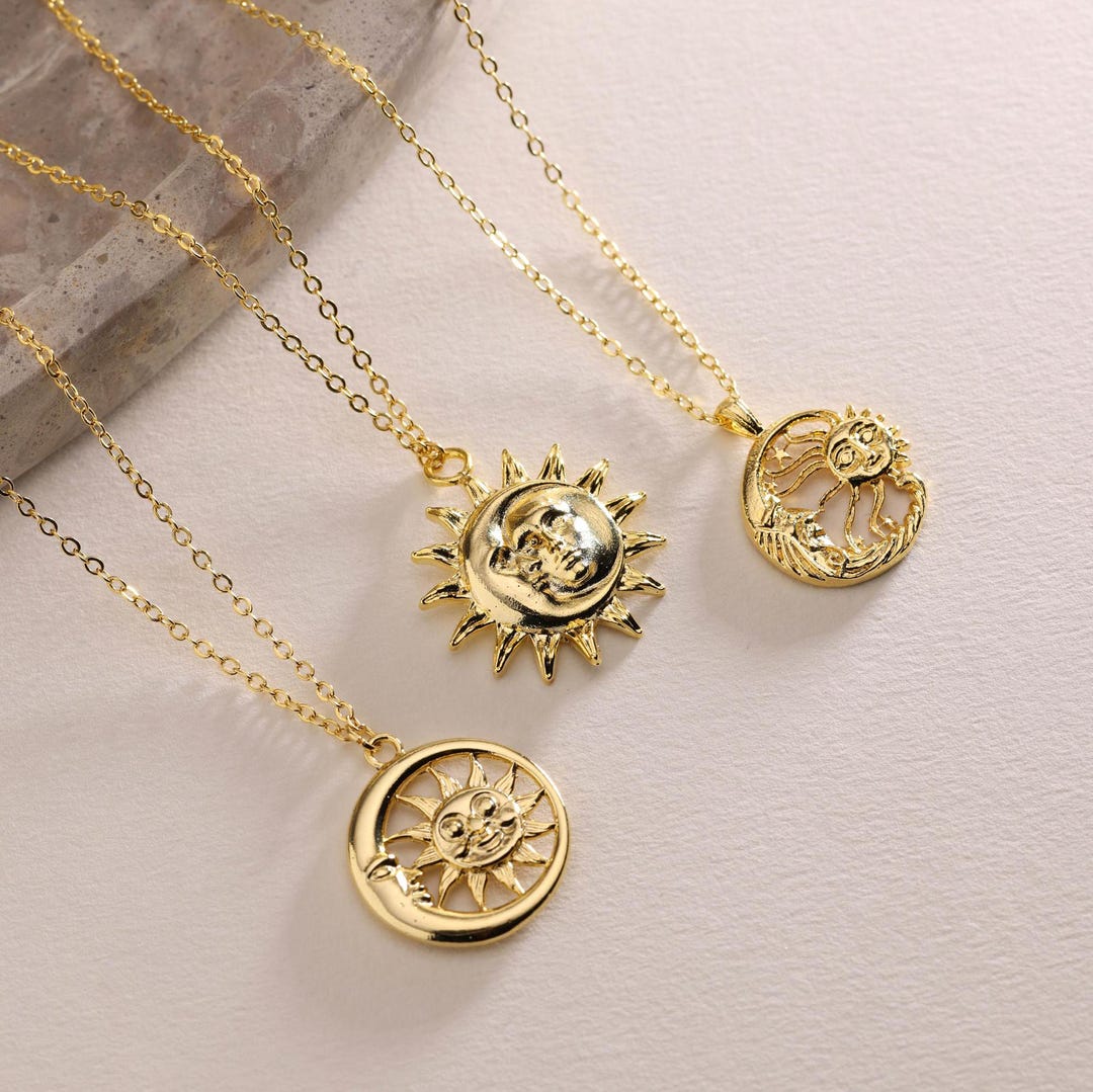 Gold Plated Sun Moon Face Pendant Necklace, Celestial Necklace, Moon ...