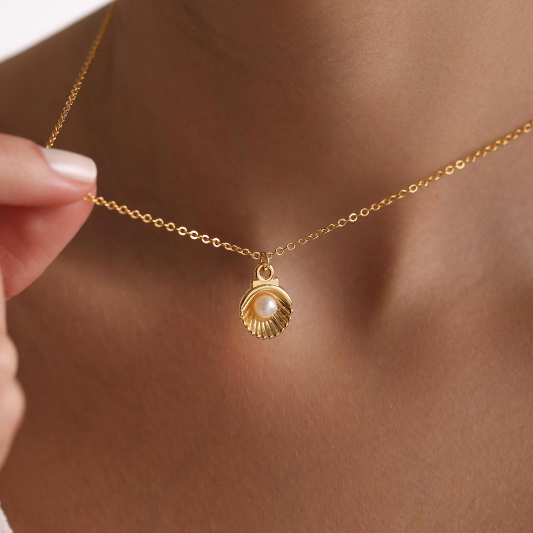 Gold Pearl Sea Shell Necklace, Tiny Sea Shell Necklace, Beach Necklace ...