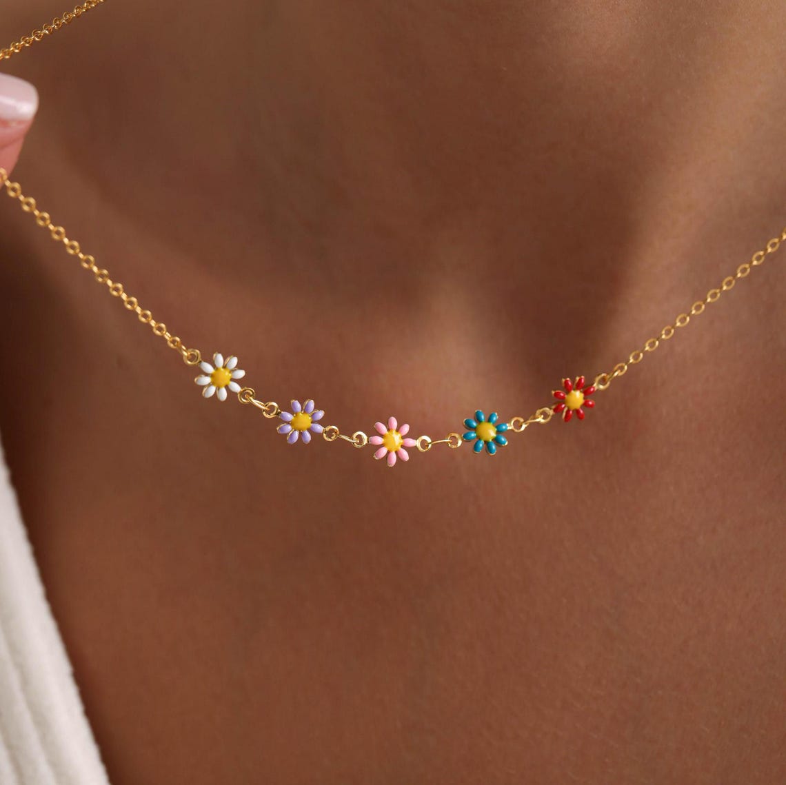 Gold Plated Very Tiny Colorful Daisy Necklace, Daisy Flower Necklace ...