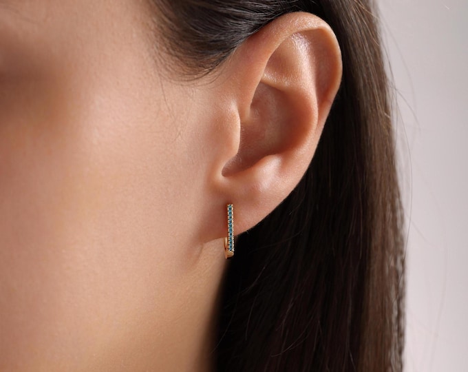 Turquoise Rectangular Hoop Earrings, Blue U Shape Hoop, Silver Dainty ...