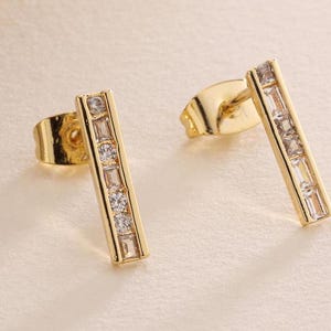 18K Gold Plated Tiny Pave Bar Stud Earrings, Baguette Bar Line Earrings, Minimalist Earrings for ...