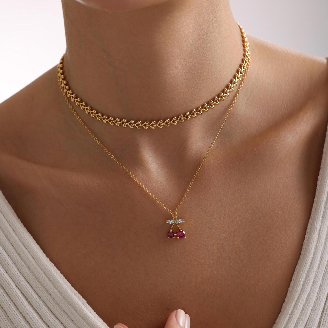 Gold Plated Layering Choker Cherry Chain Cherry Pendant Necklace, Fruit ...