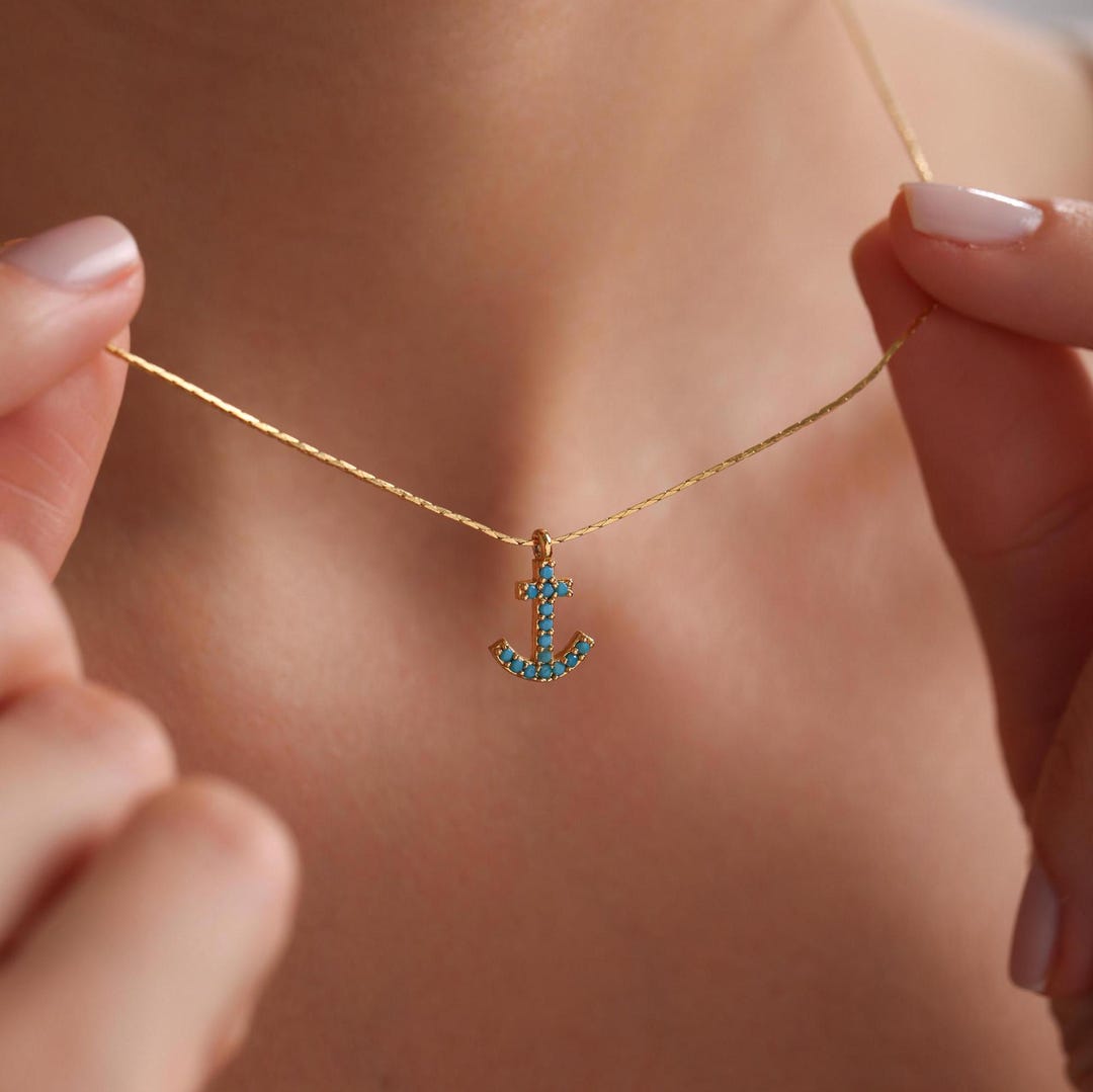 Gold Plated Minimalist Ship Anchor Pave Necklace, Tiny Anchor Necklace ...