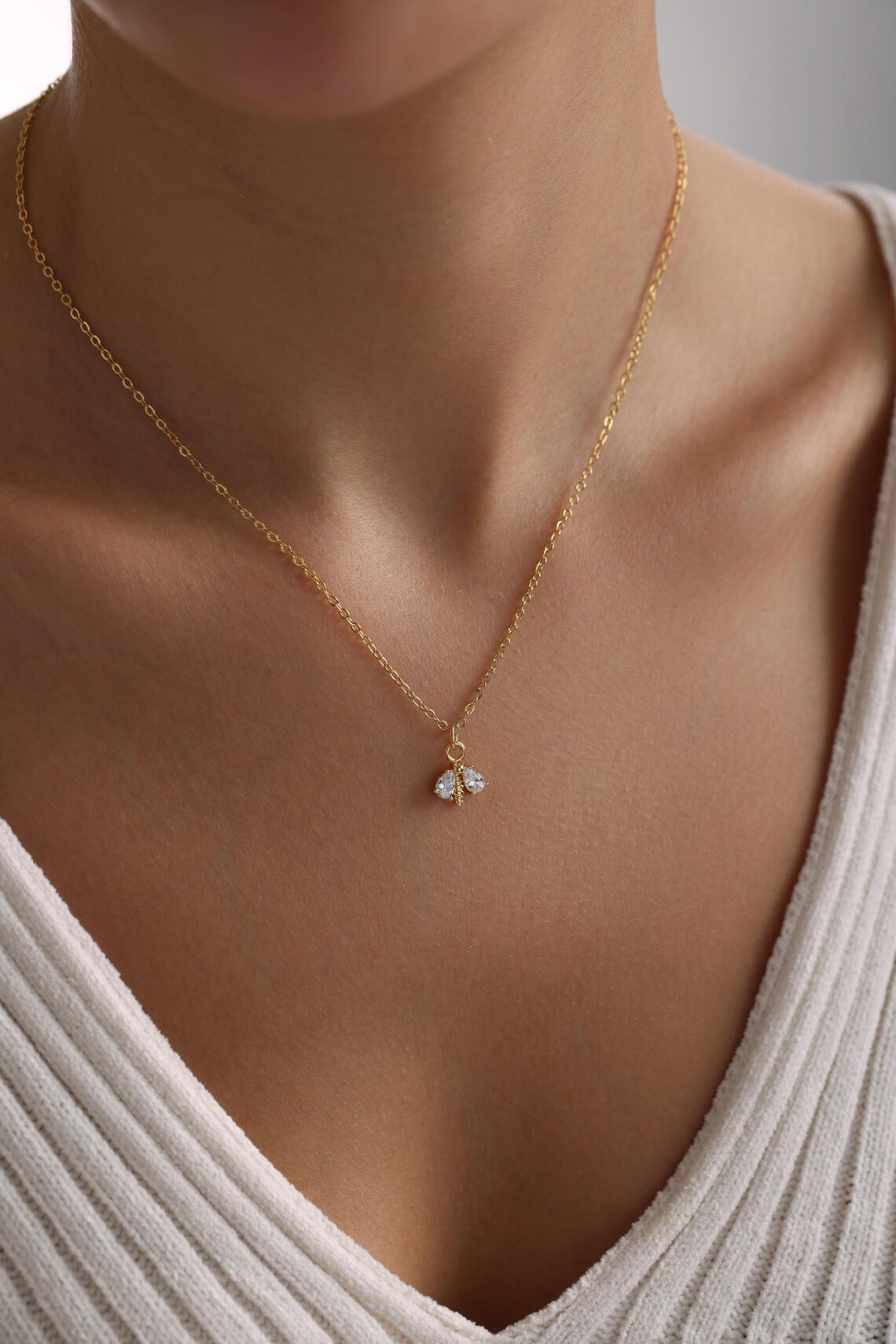 Gold Plated Dainty Bee Pave Pendant Necklace, Honey Bee Necklace ...