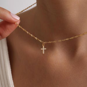 Gold Plated Minimalist Cross Pave Necklace, Gold Tiny Cross Necklace ...