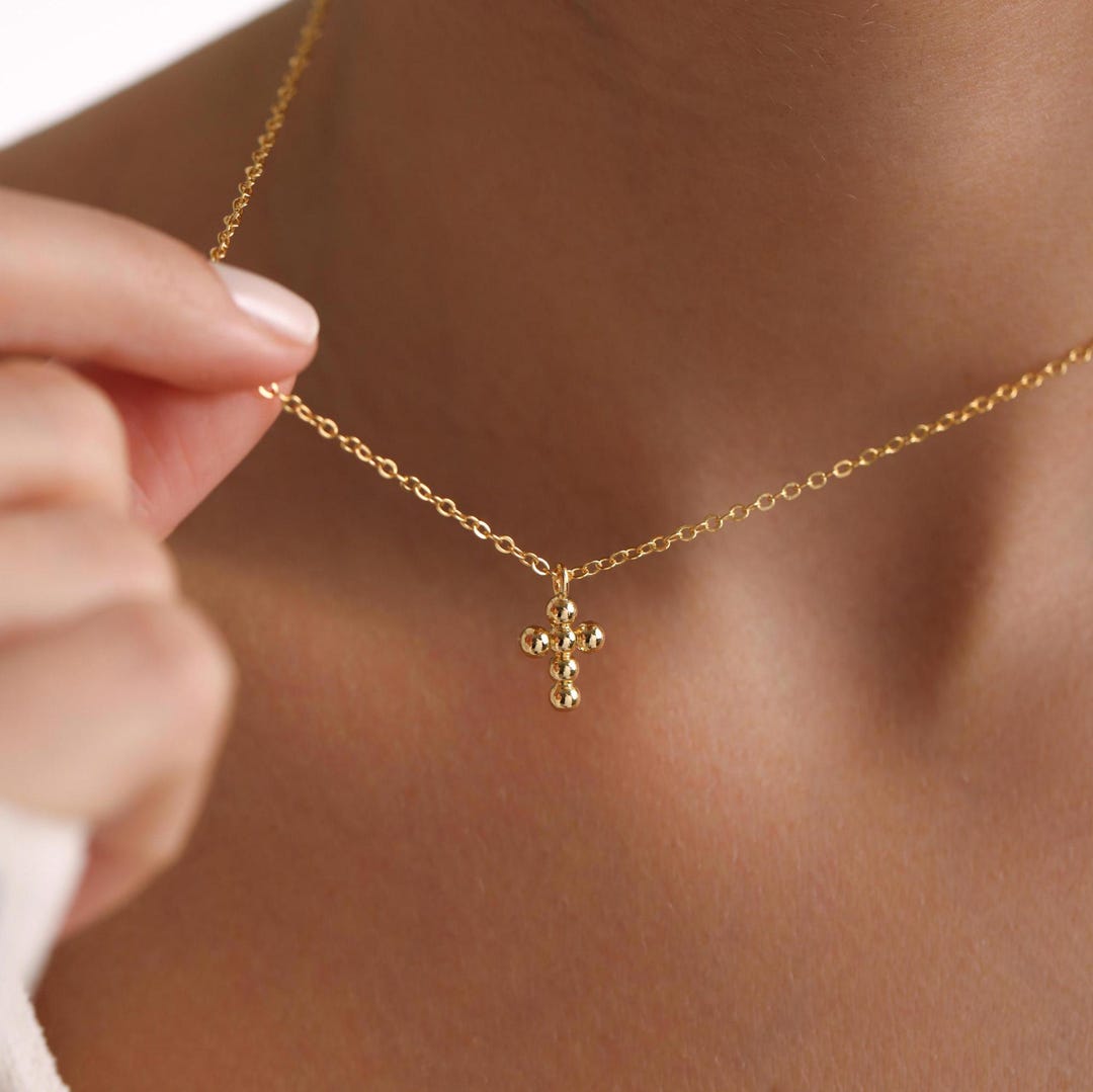 Gold Tiny Puff Cross Necklace, Dainty Mini Cross Necklace, Religious ...