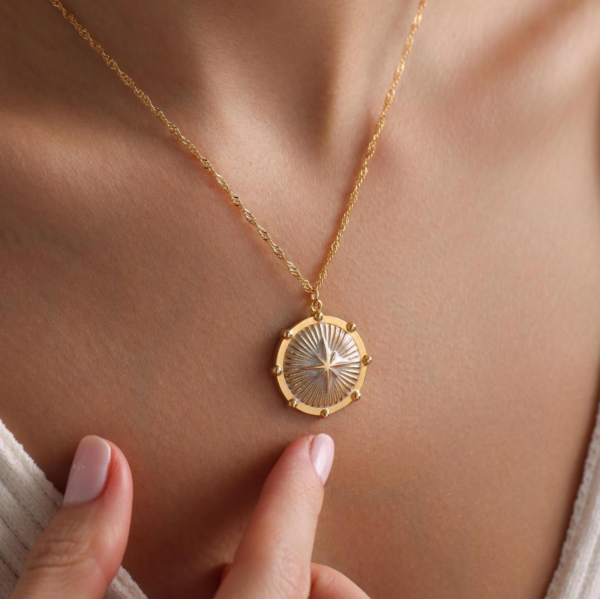 Enamel North Star Medallion Necklace, North Star Coin Necklace, North ...