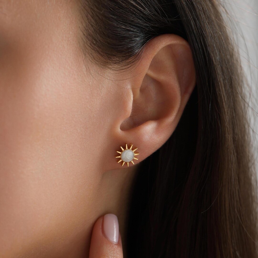 18K Gold Plated Mother of Pearl Enamel Tiny Sun Stud Earrings, Sun Stud ...