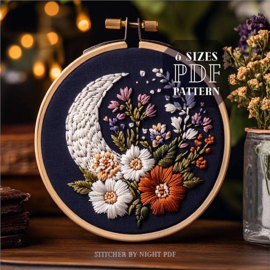 Flower & Crescent Moon Embroidery Design * Floral Moon Embroidery ...