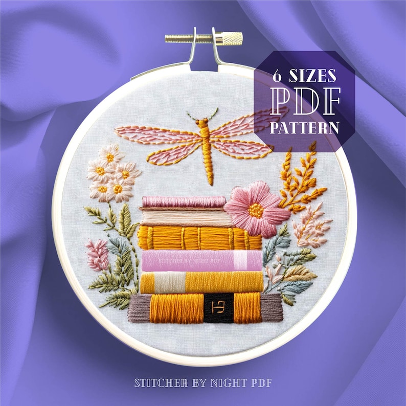 Dragonfly & Book Stack Embroidery Design * Floral Bookshelf Embroidery ...