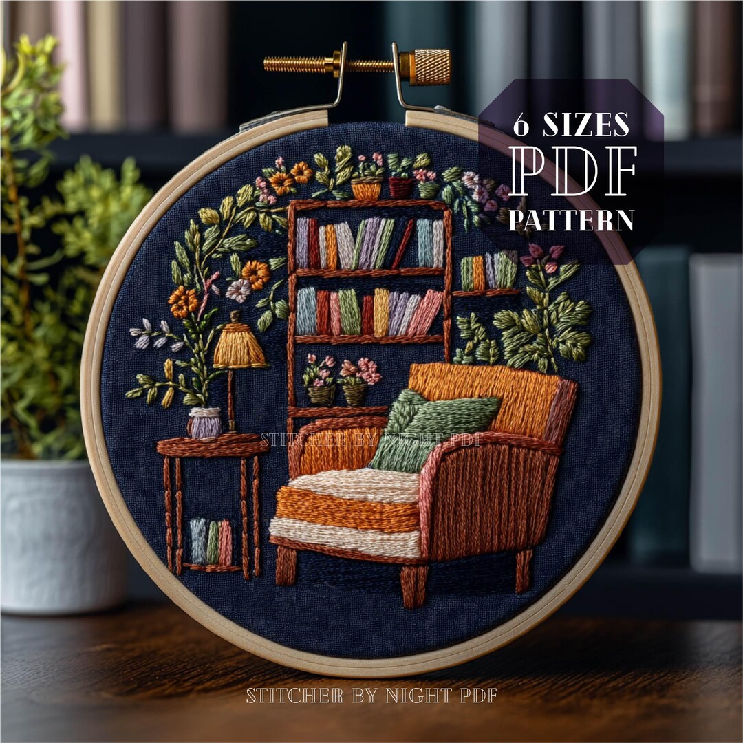 Book Nook Embroidery Design * Floral Bookshelf Embroidery Pattern ...