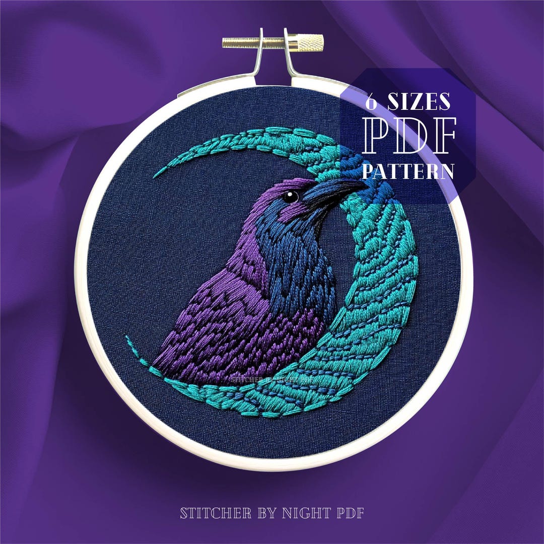 Night Raven Embroidery Design, Mystic Bird Hand Embroidery Pattern PDF ...