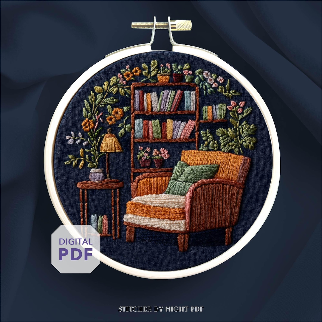 Book Nook Embroidery Design * Floral Bookshelf Embroidery Pattern ...