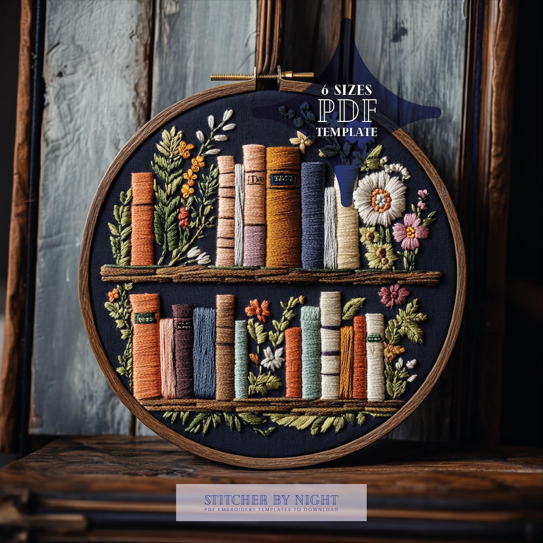 Bookshelf Embroidery Design * Floral Bookshelf Embroidery Pattern ...