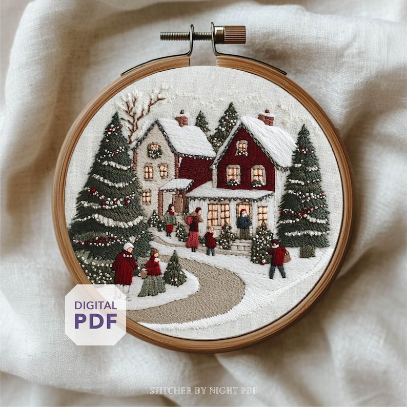 Holiday Village Embroidery Design * Retro Christmas Ornament * Winter ...