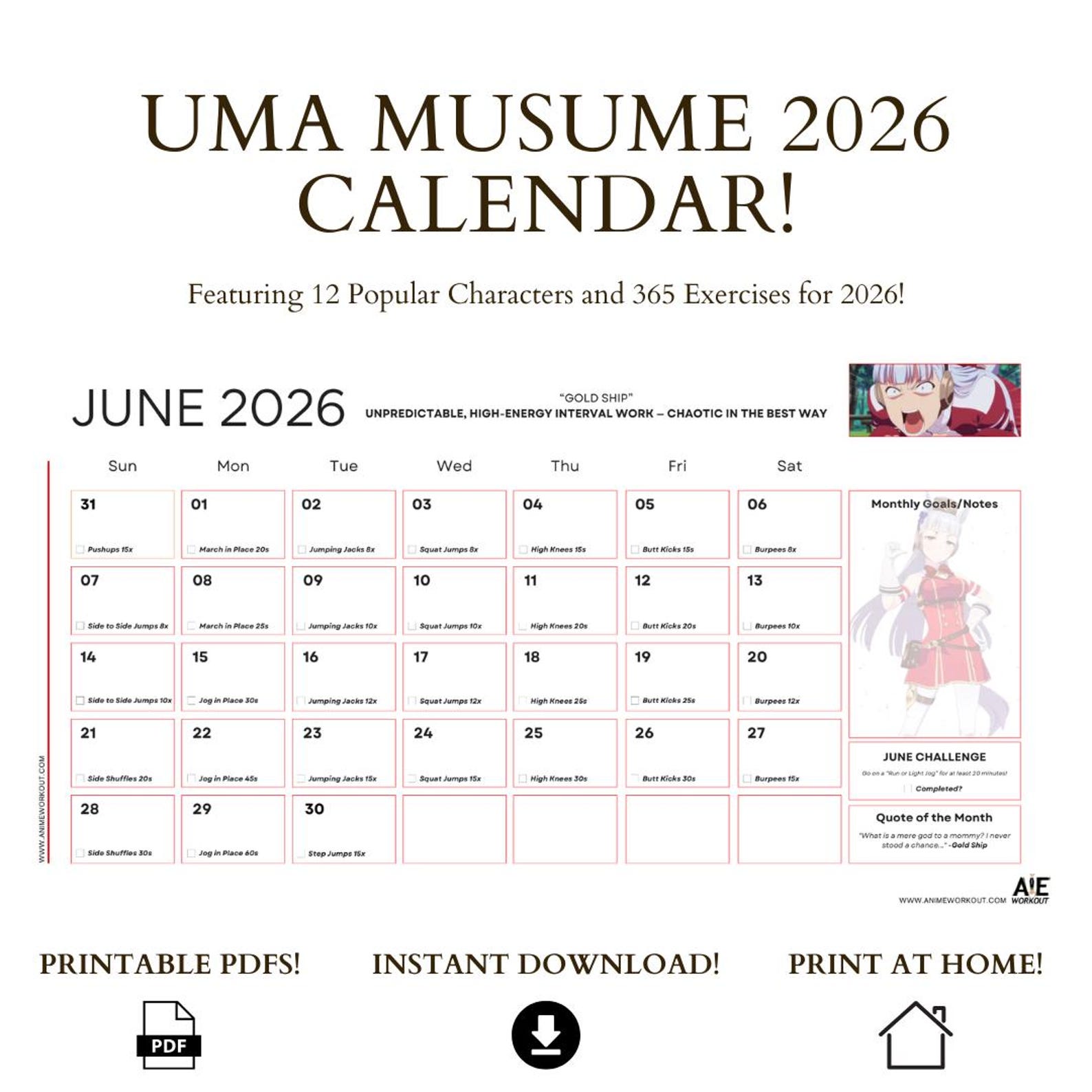 2026 Uma Musume Fitness Calendar: Monthly Exercises (printable PDF) - Etsy