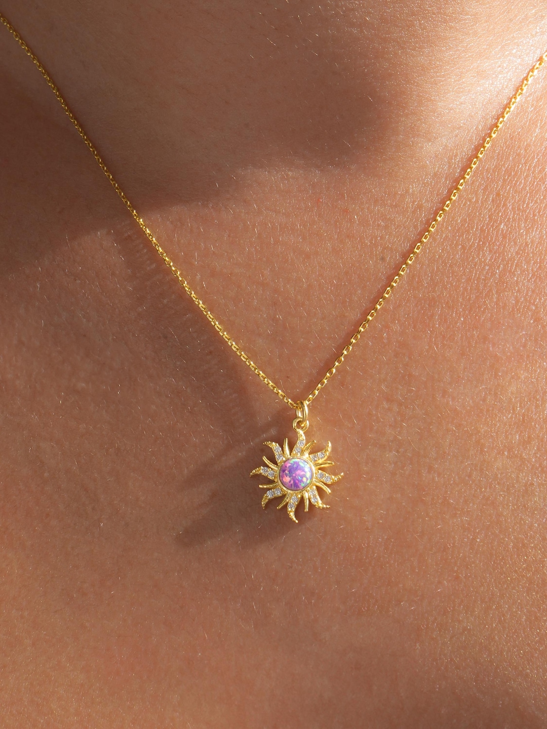 Pave Sun Opal Necklace, 14k Gold Dainty Princess Sun Opal Purple ...