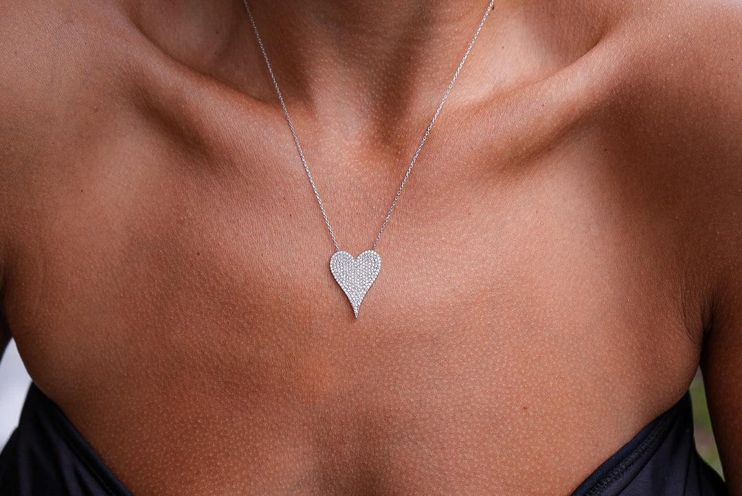 Pave Heart Necklace, Pave Diamond Heart Pendant, 14k Gold Delicate ...