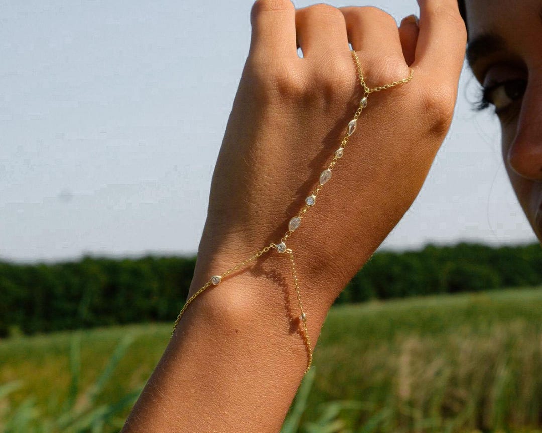 Gold Hand Chain, Bridal Hand Chain Bracelet, Silver Hand Chain, Finger Bracelet, Pear Dainty ...