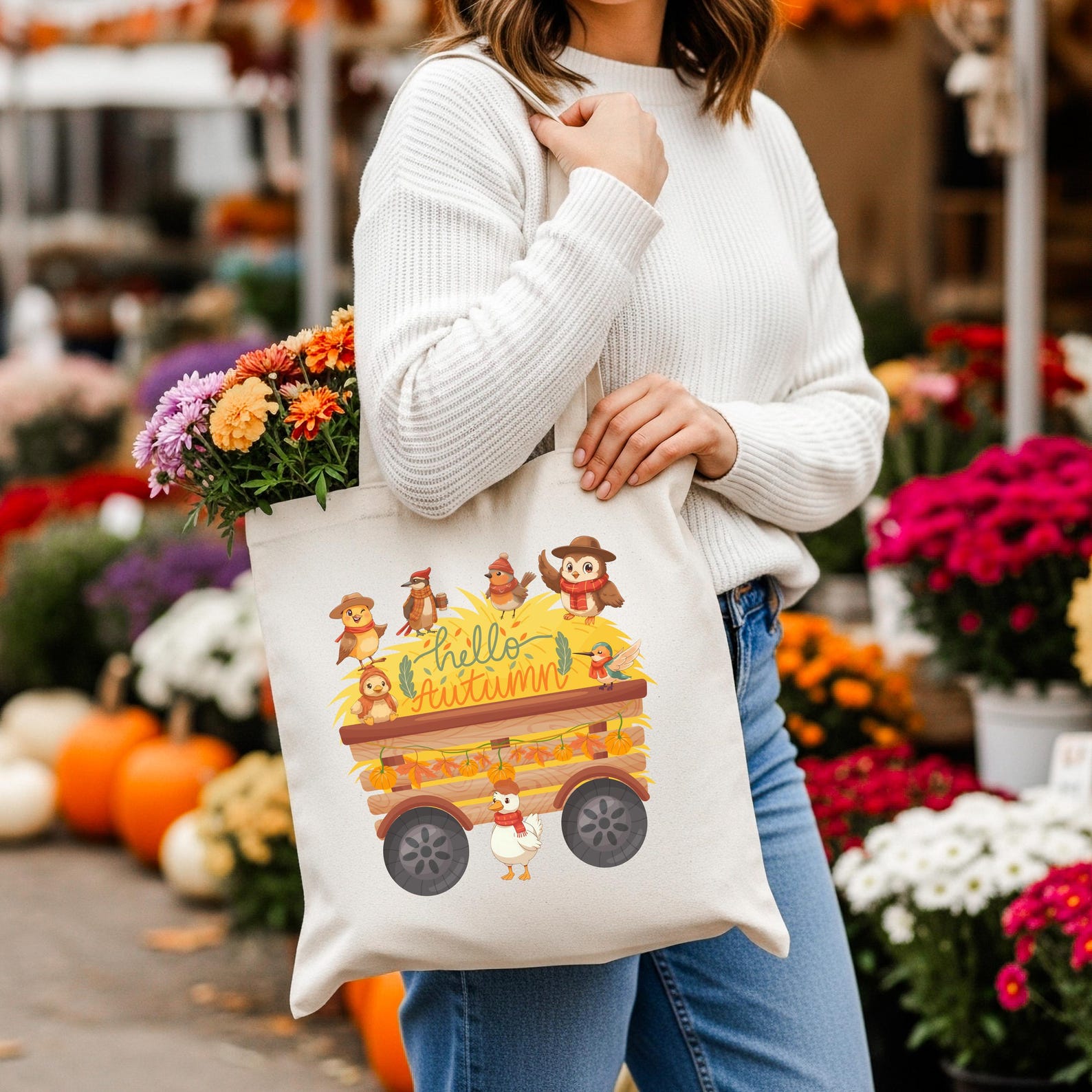 Autumn Birds Cotton Canvas Tote Bag: Harvest Cart Design - Etsy
