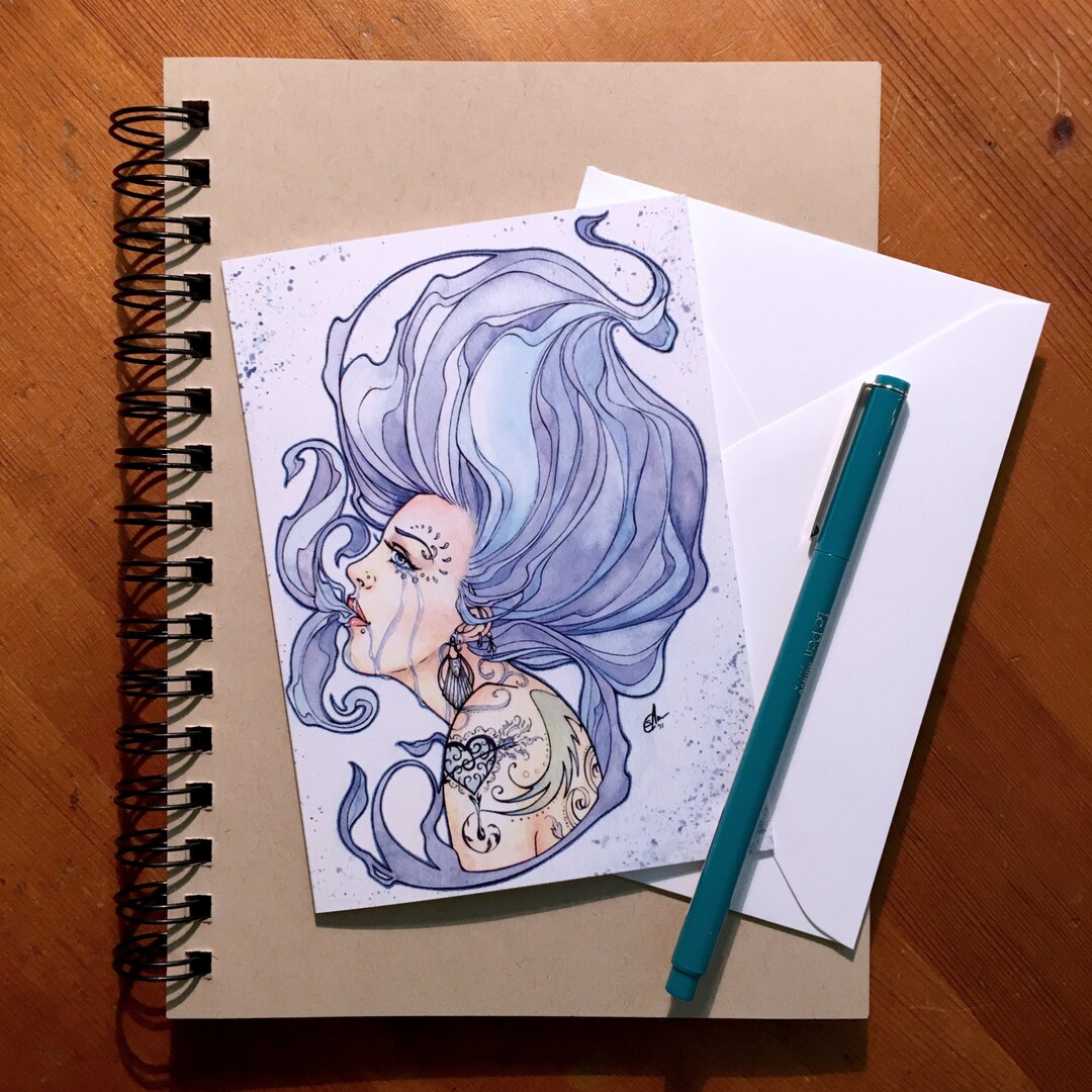 Blue Hair Goddess Art Nouveau Greeting Card - Etsy
